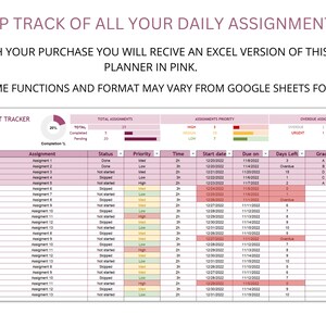 ASSIGNMENT TRACKER Google Sheets & Excel Template Homework - Etsy