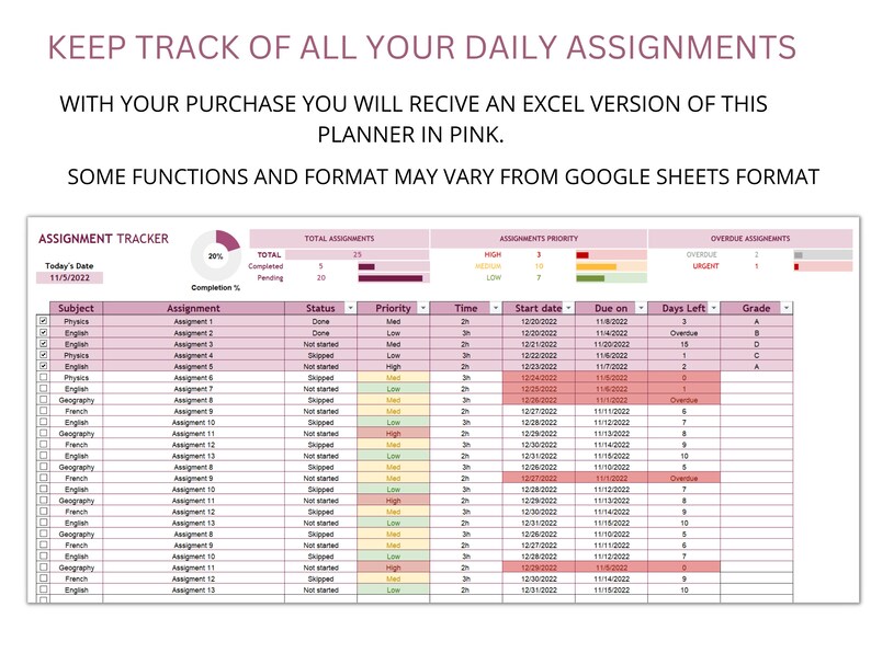 ASSIGNMENT TRACKER Google Sheets & Excel Template Homework - Etsy