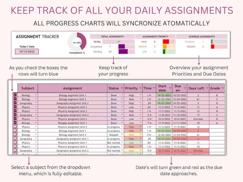 ASSIGNMENT TRACKER | Google Sheets & Excel Template | Homework Planner ...
