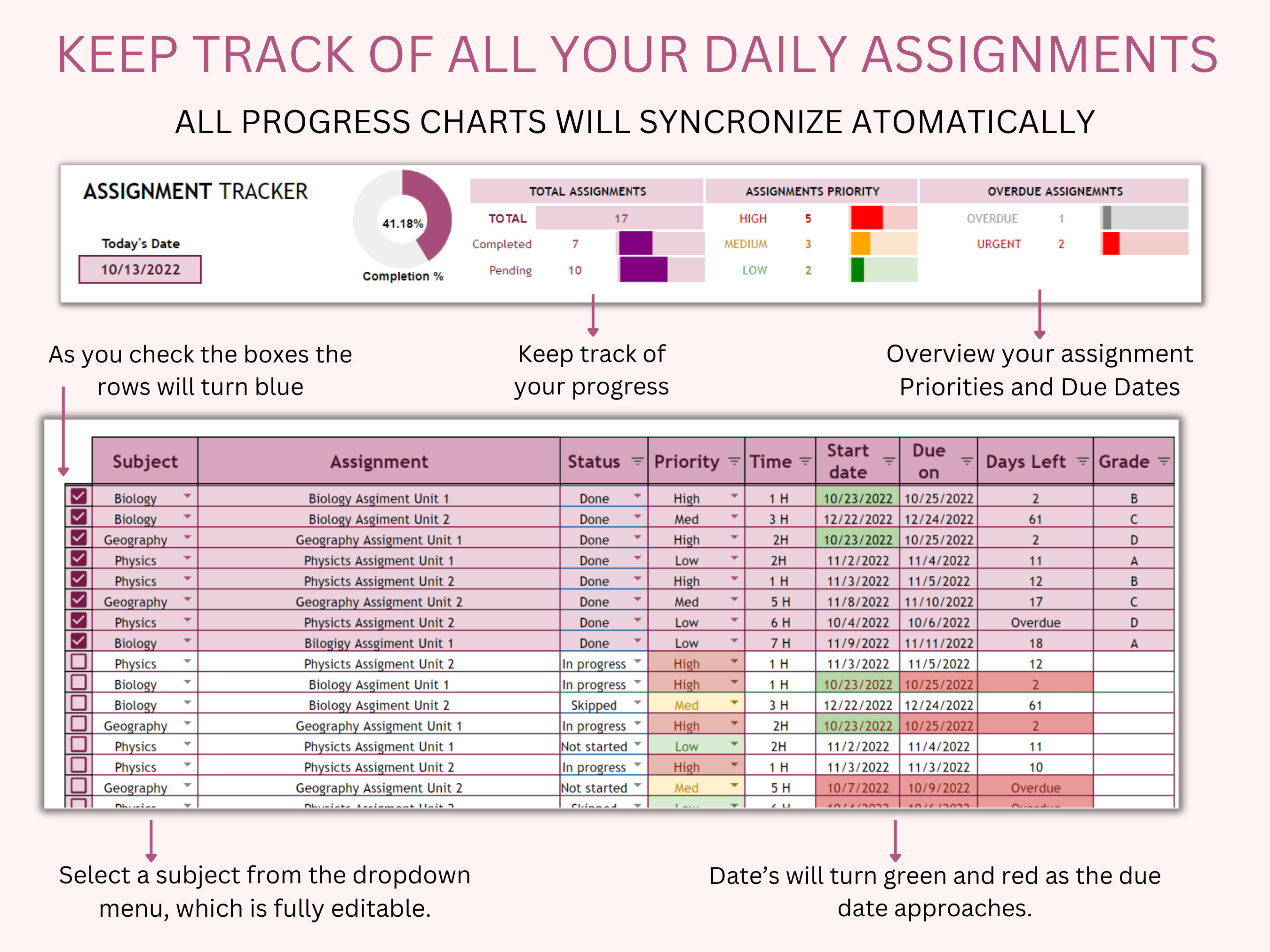 ASSIGNMENT TRACKER | Google Sheets & Excel Template | Homework Planner ...