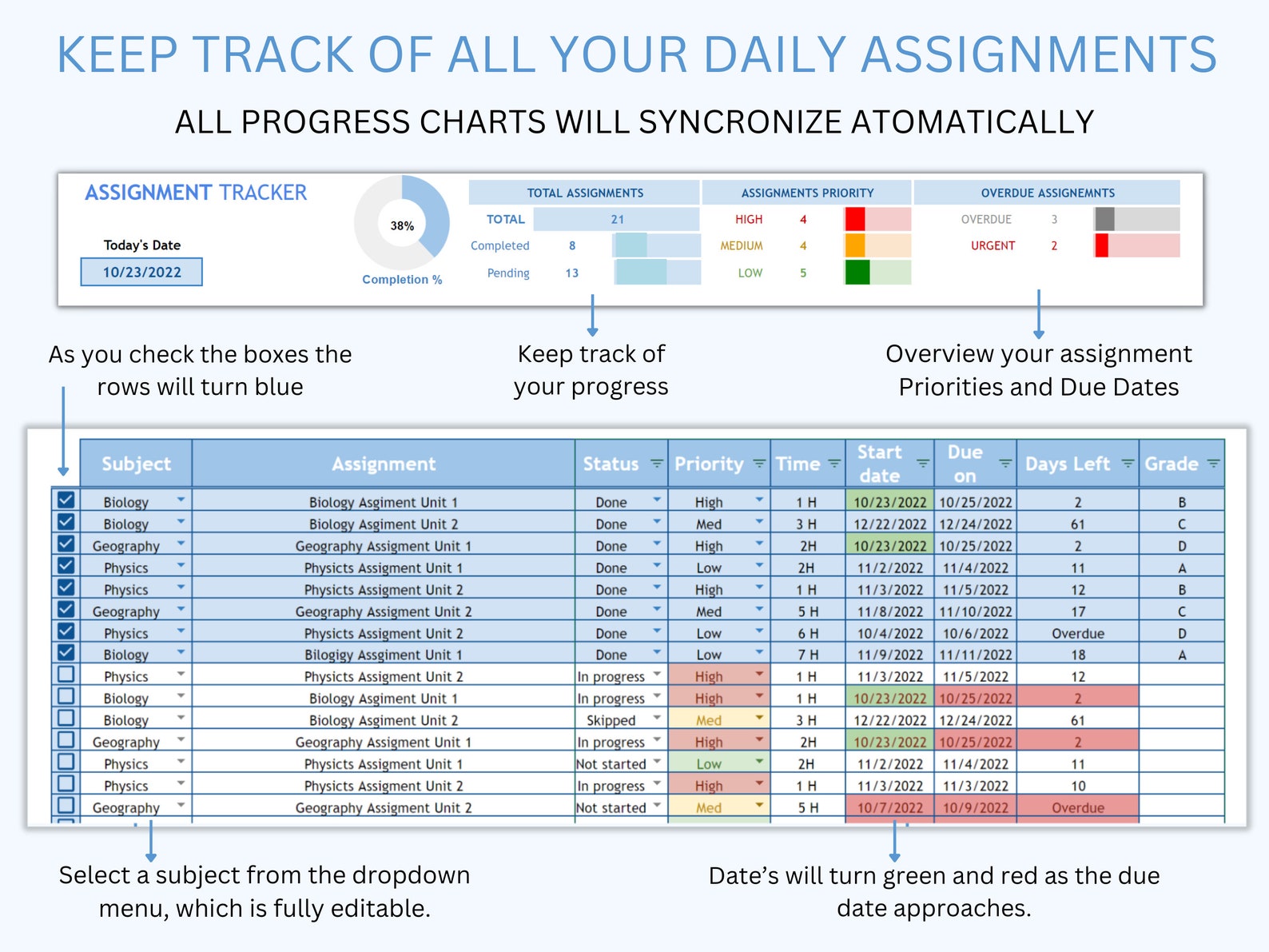 ASSIGNMENT TRACKER Google Sheets Template Homework Planner College and ...