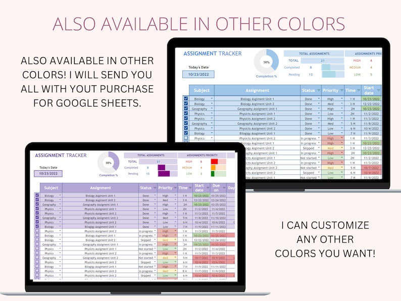 ASSIGNMENT TRACKER Google Sheets & Excel Template Homework - Etsy