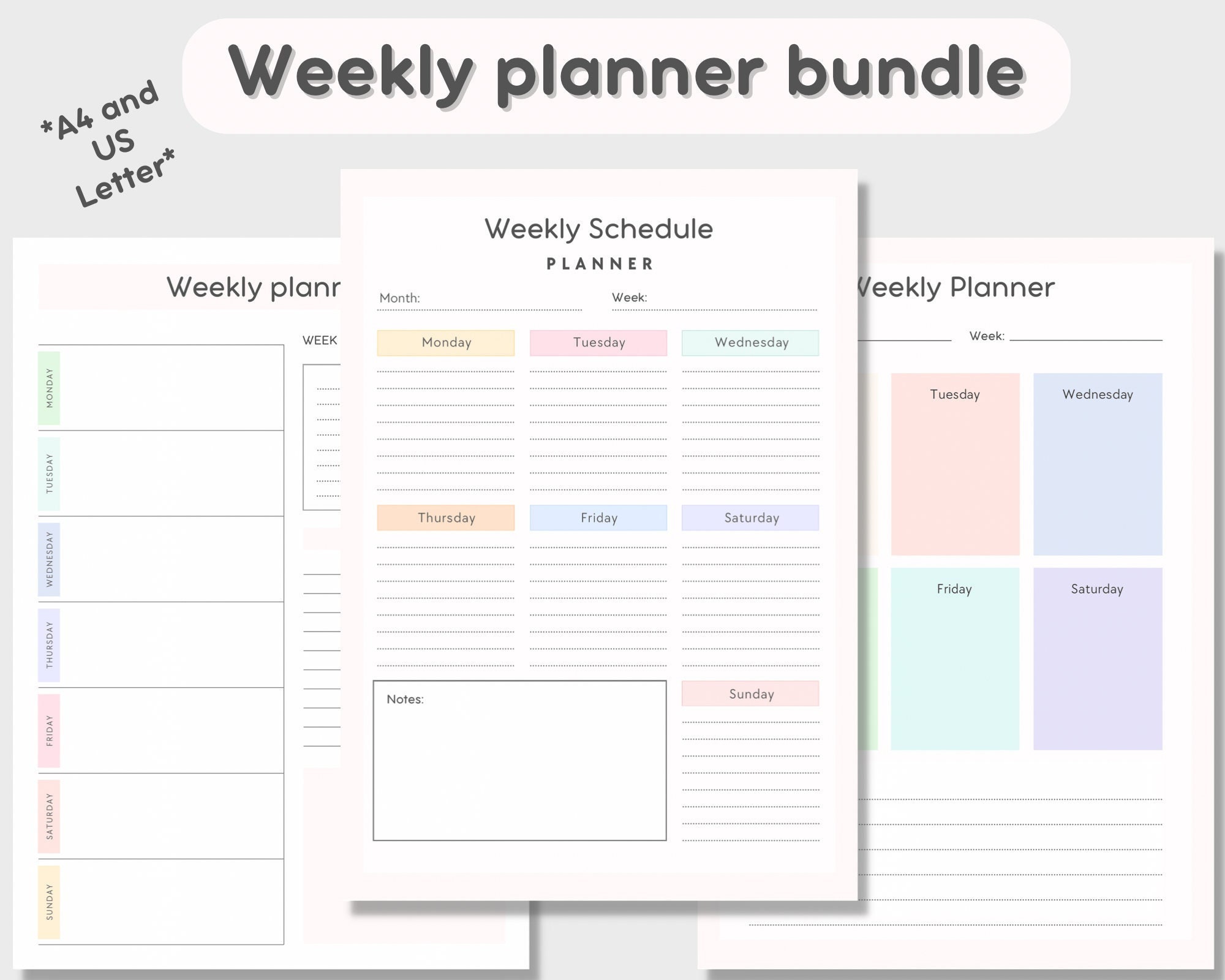 Printable Weekly Planner Bundle Pastel Weekly Schedule Organizer Week ...