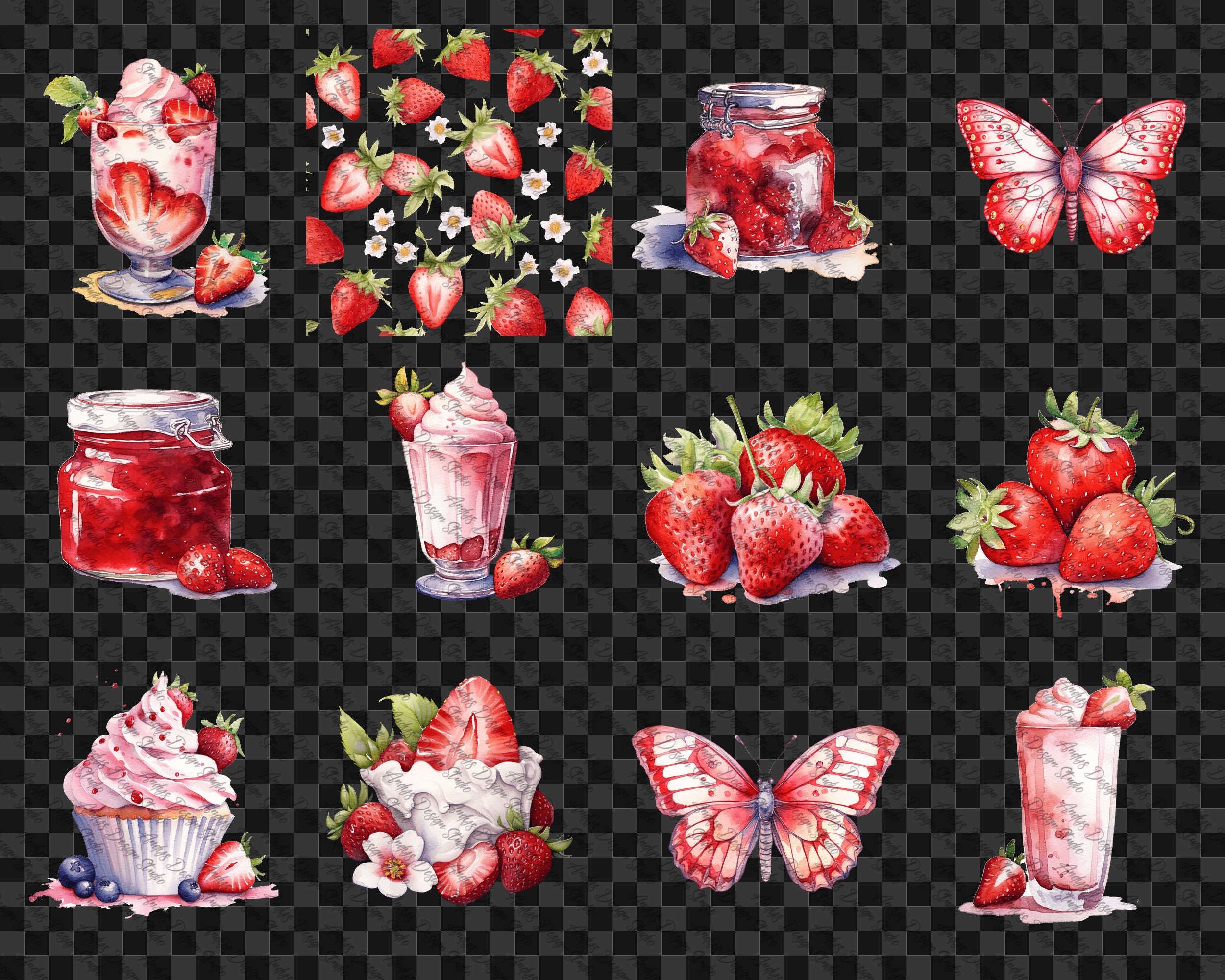 Watercolor Clipart Strawberries Bundle High Resolution PNG, Cake ...