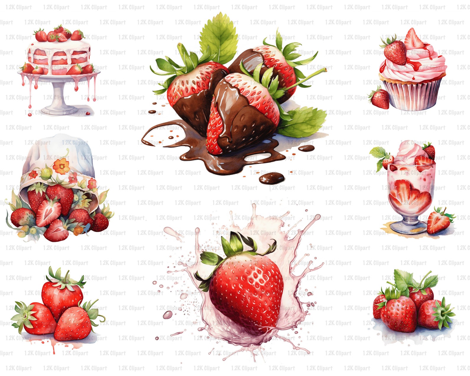 Watercolor Clipart Strawberries Bundle Ultra-high Resolution PNG, Cake ...