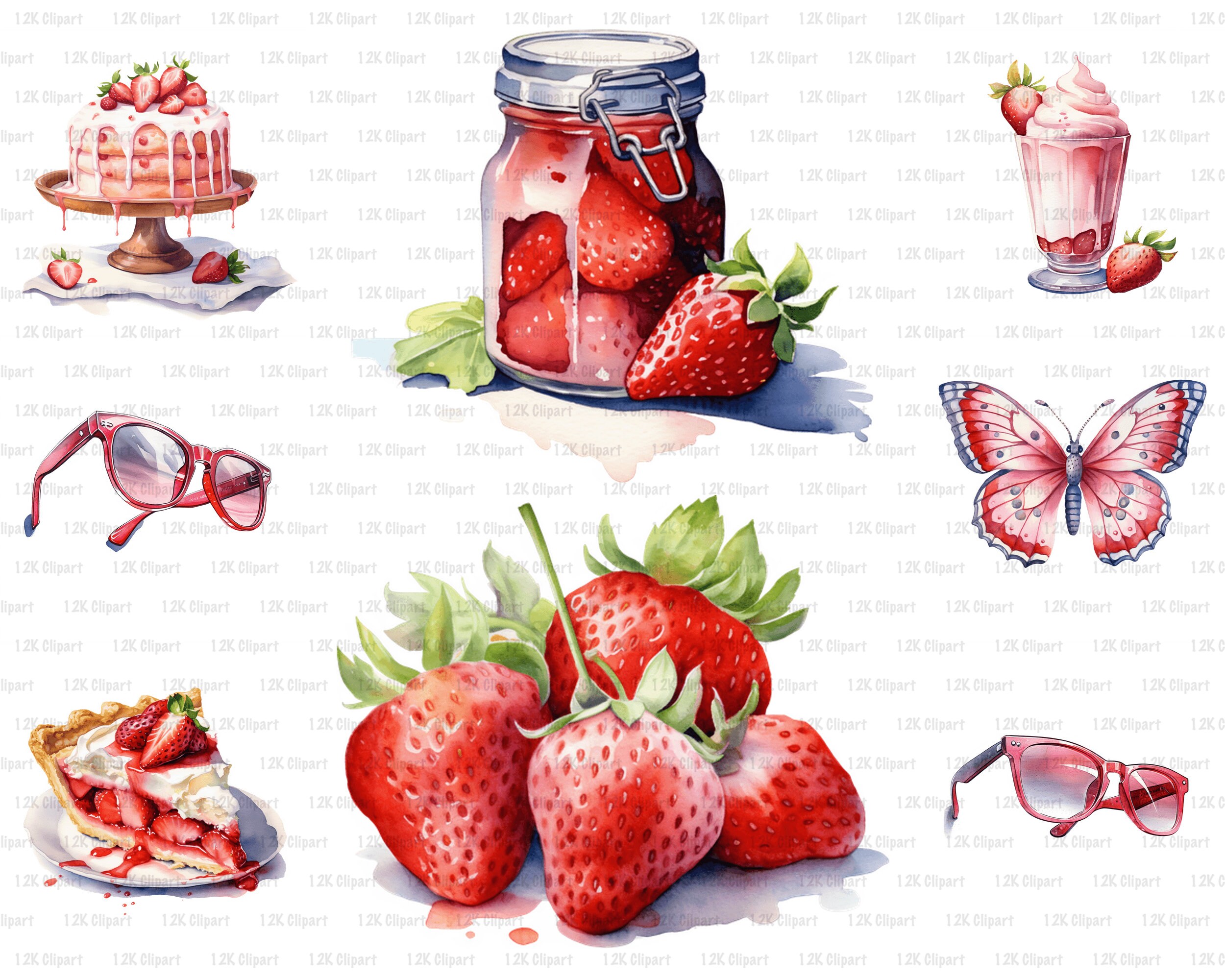 Watercolor Clipart Strawberries Bundle Ultra-high Resolution PNG, Cake ...