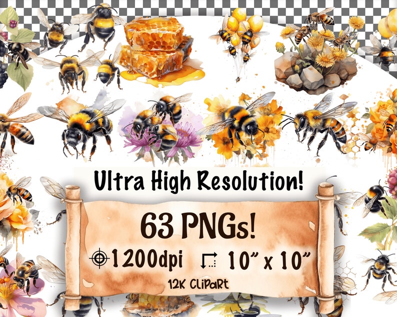 Watercolor Clipart Bumble Bee & Honey Bee Bundle Ultra-high - Etsy