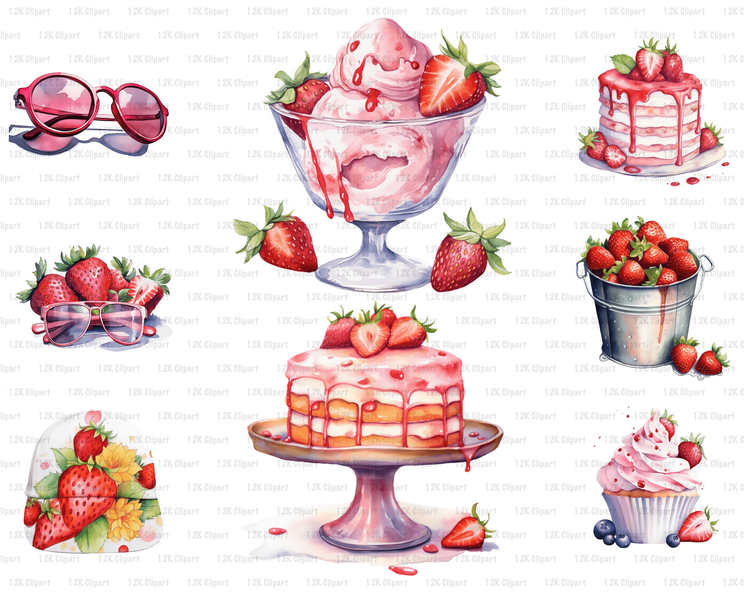 Watercolor Clipart Strawberries Bundle Ultra-high Resolution PNG, Cake ...