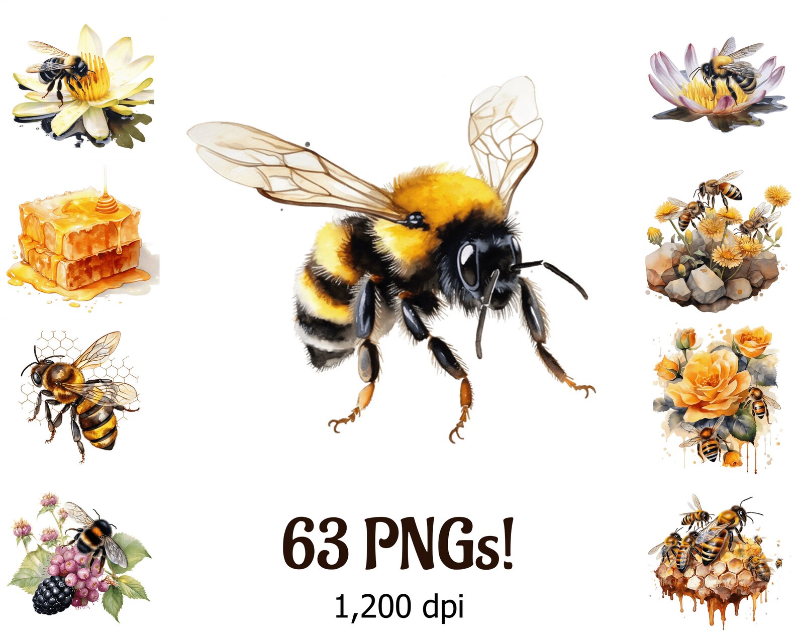 Watercolor Clipart Bumble Bee & Honey Bee Bundle Ultra-high Resolution ...