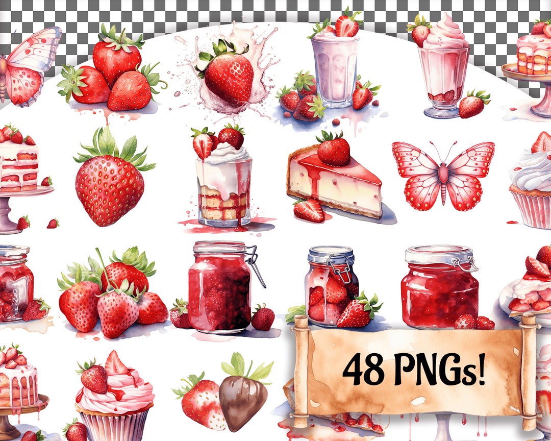 Watercolor Clipart Strawberries Bundle High Resolution PNG, Cake ...