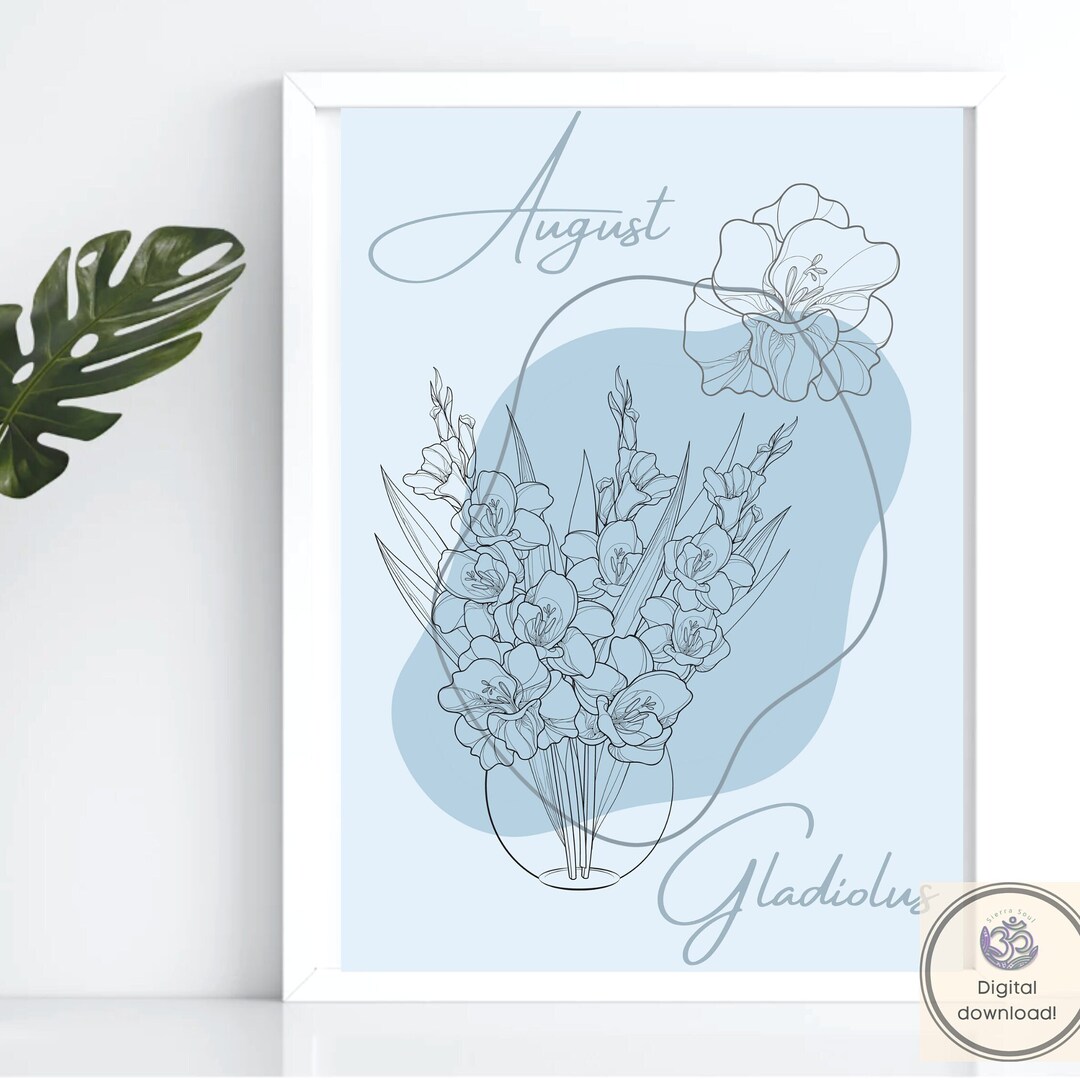 August Birthday Flower Wall Art, Digital Download Print, Gladioli Line ...