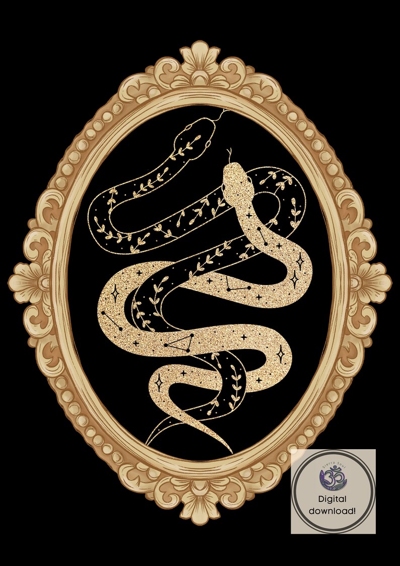 Golden Snakes Intertwined in Oval Antique Frame, Digital Download Print ...