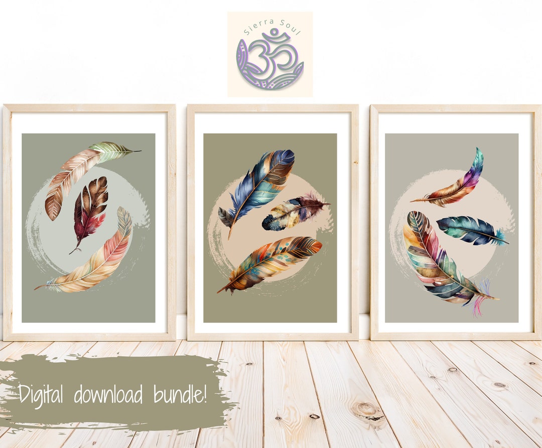 Set of 3 Feather Digital Download Prints, Watercolor Bird Feathers on ...