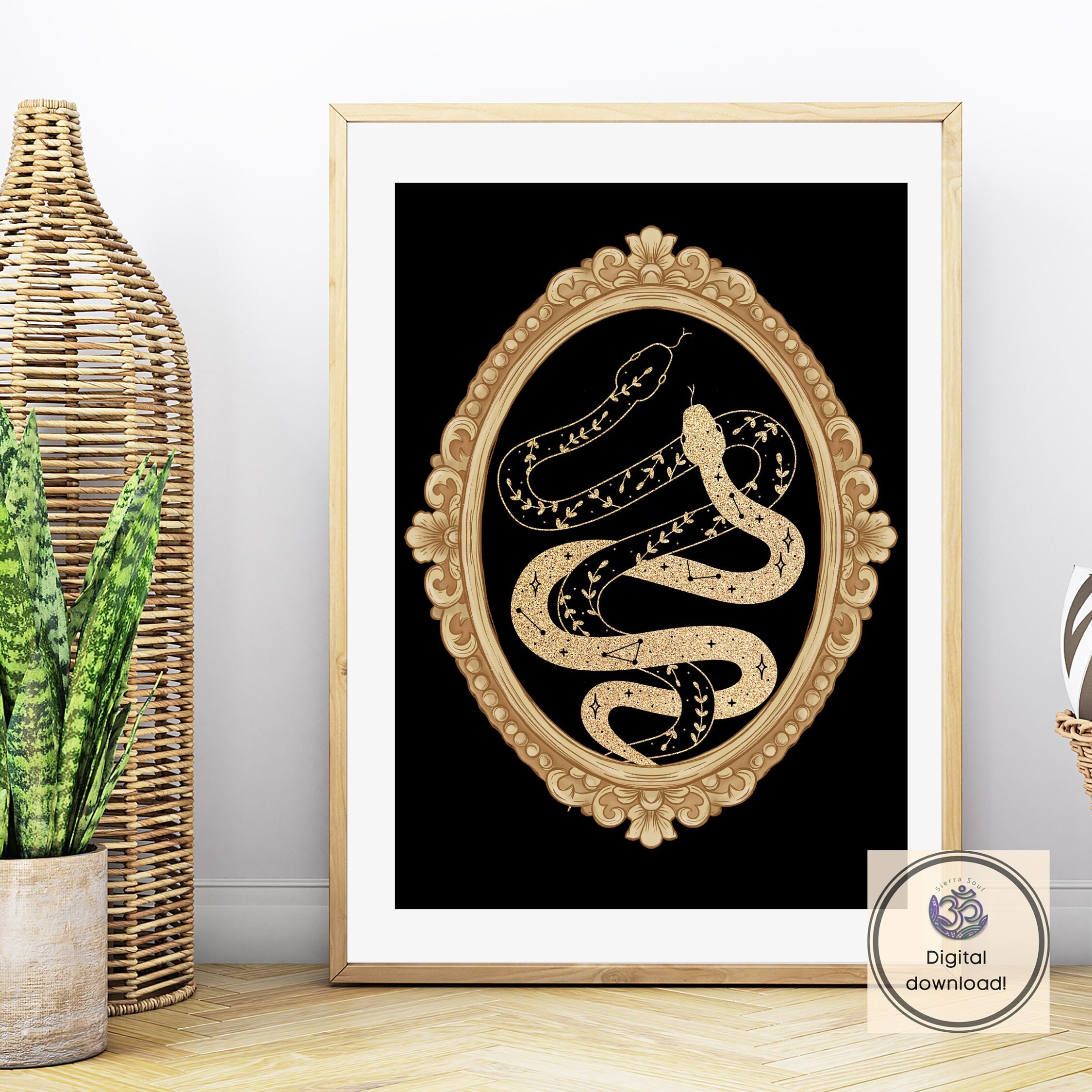 Golden Snakes Intertwined in Oval Antique Frame, Digital Download Print ...