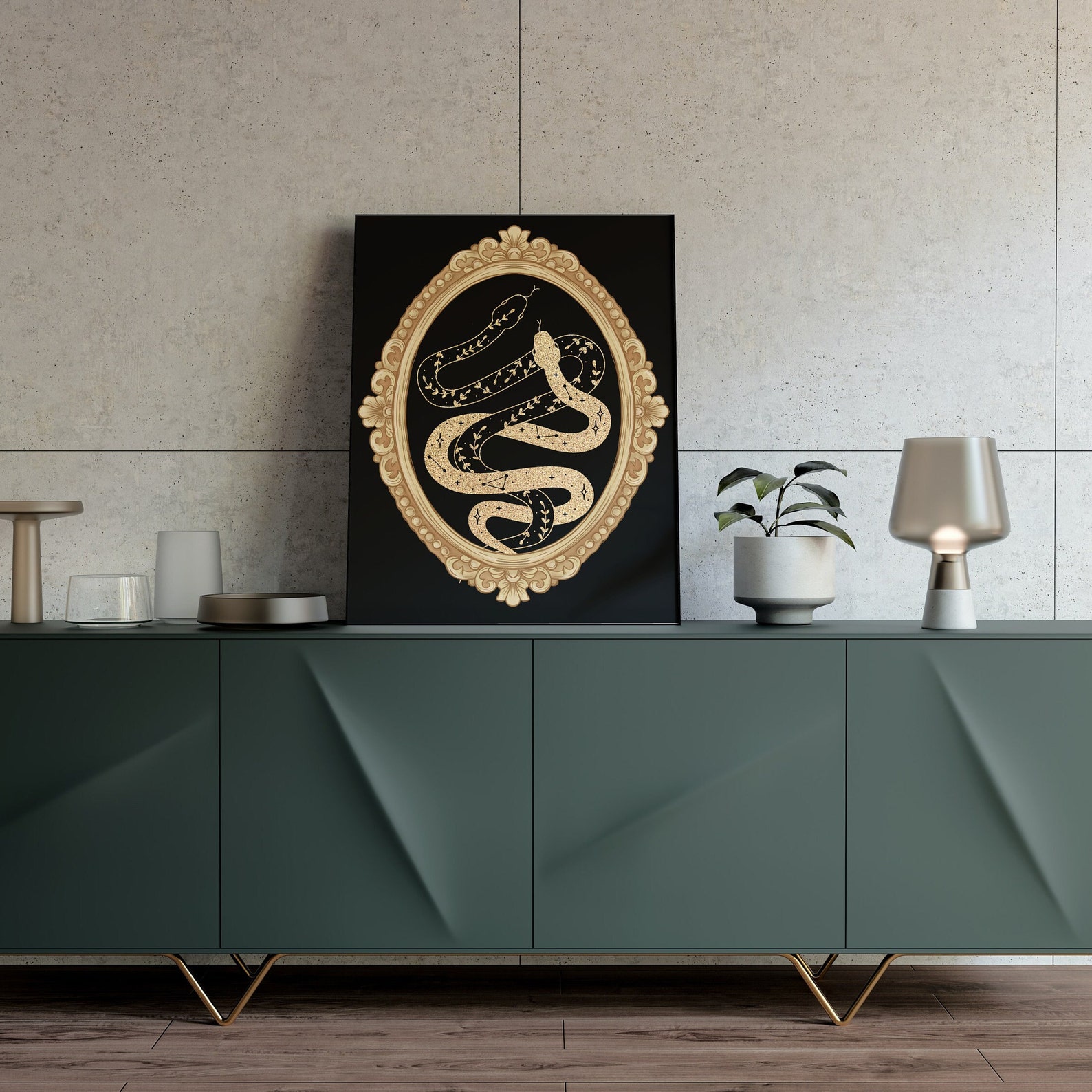 Golden Snakes Intertwined in Oval Antique Frame, Digital Download Print ...