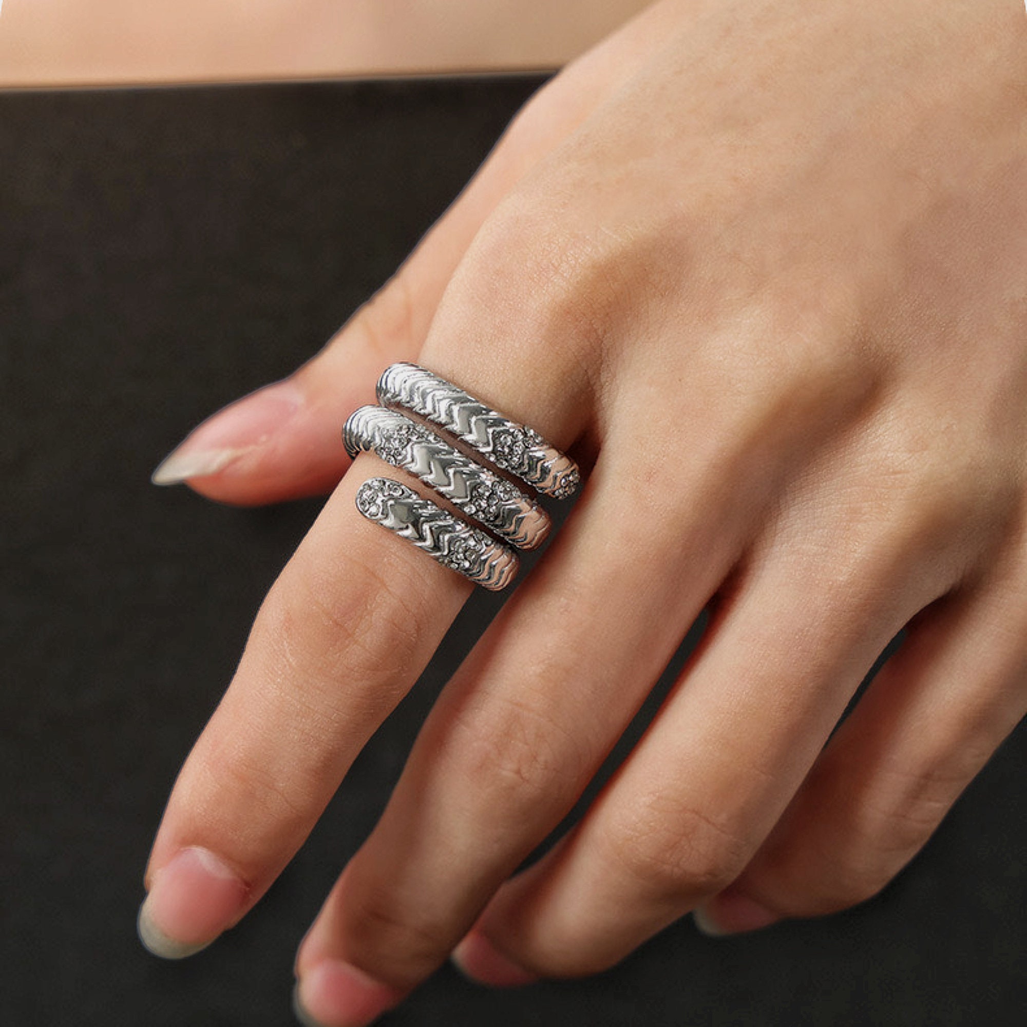 Elegant Gold or Silver Wrap Ring Chic White and Green Diamond Spiral Ring Swirl Statement Ring ...