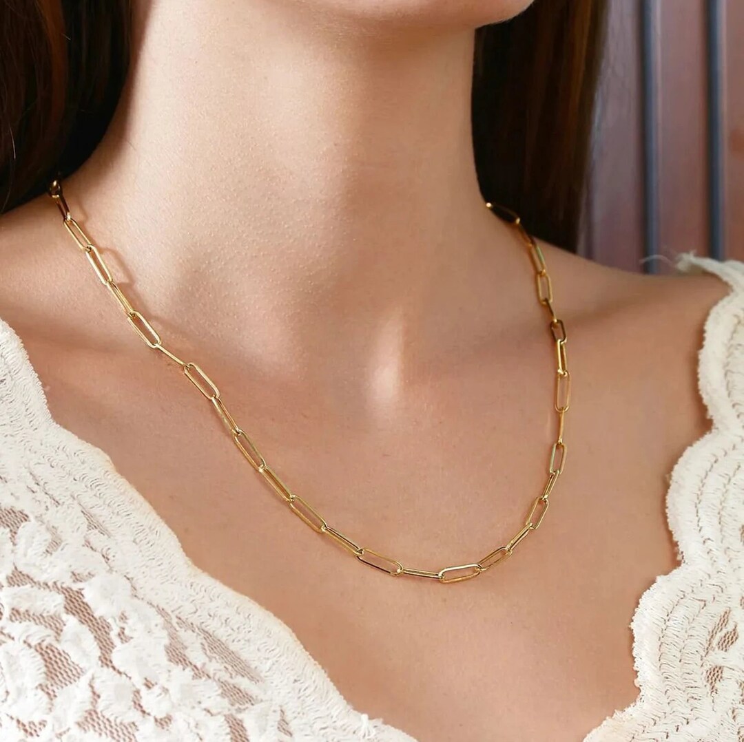 Solid 14K Gold Paperclip Chain Necklace, 14k Yellow Gold Fancy ...