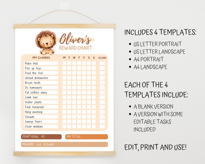 Chore Chart for Kids, Allowance Chore Chart, Chore Checklist, Chore ...