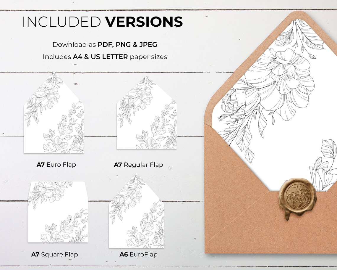 Envelope Liner Template, Hand Drawn Flowers, Printable Envelope Liner ...