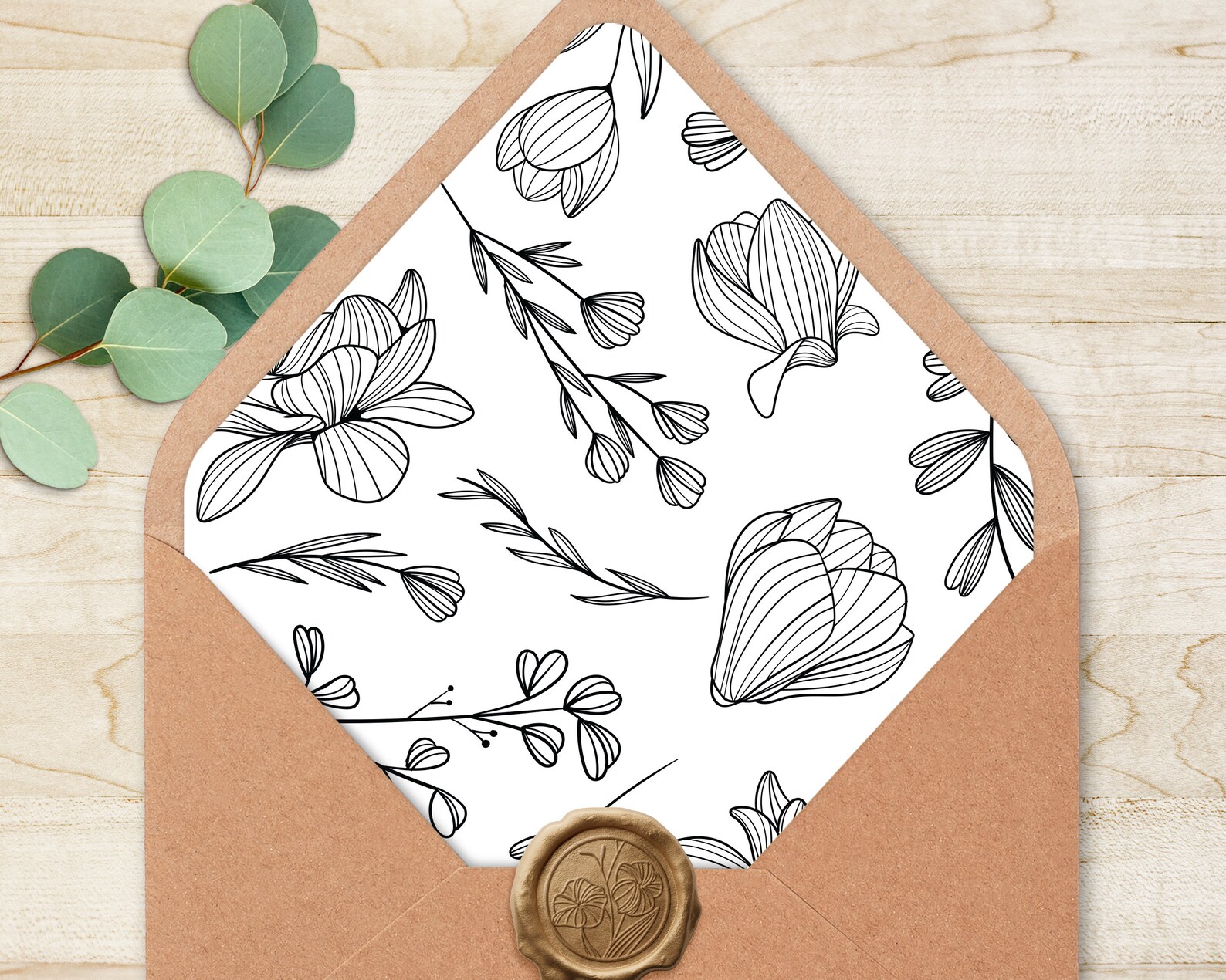 Envelope Liner Template, Hand Drawn Flowers, Printable Envelope Liner ...
