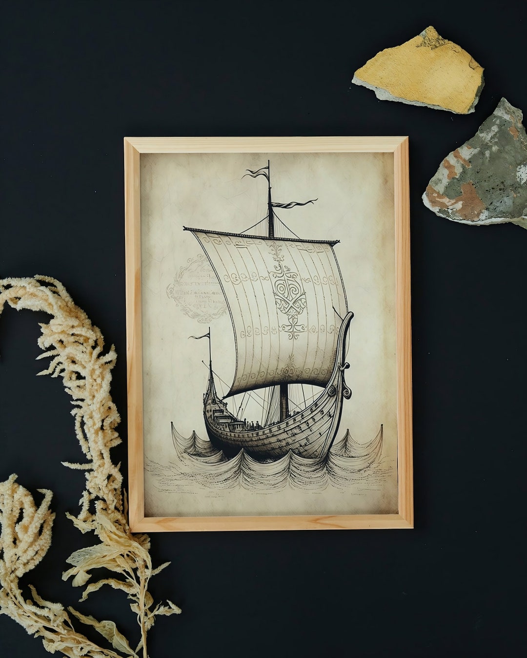 Antique Viking Ship Art Printable Nautical Wall Art Ocean Waves Digital ...