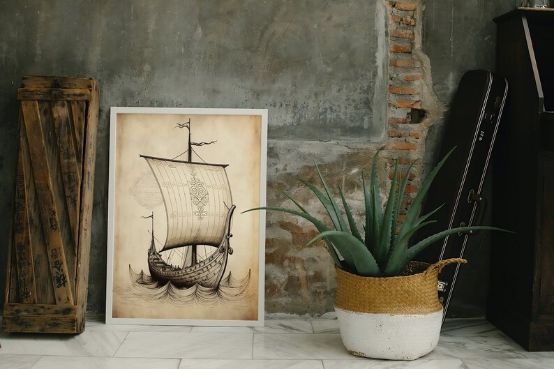 Antique Viking Ship Art Printable Nautical Wall Art Ocean Waves Digital ...