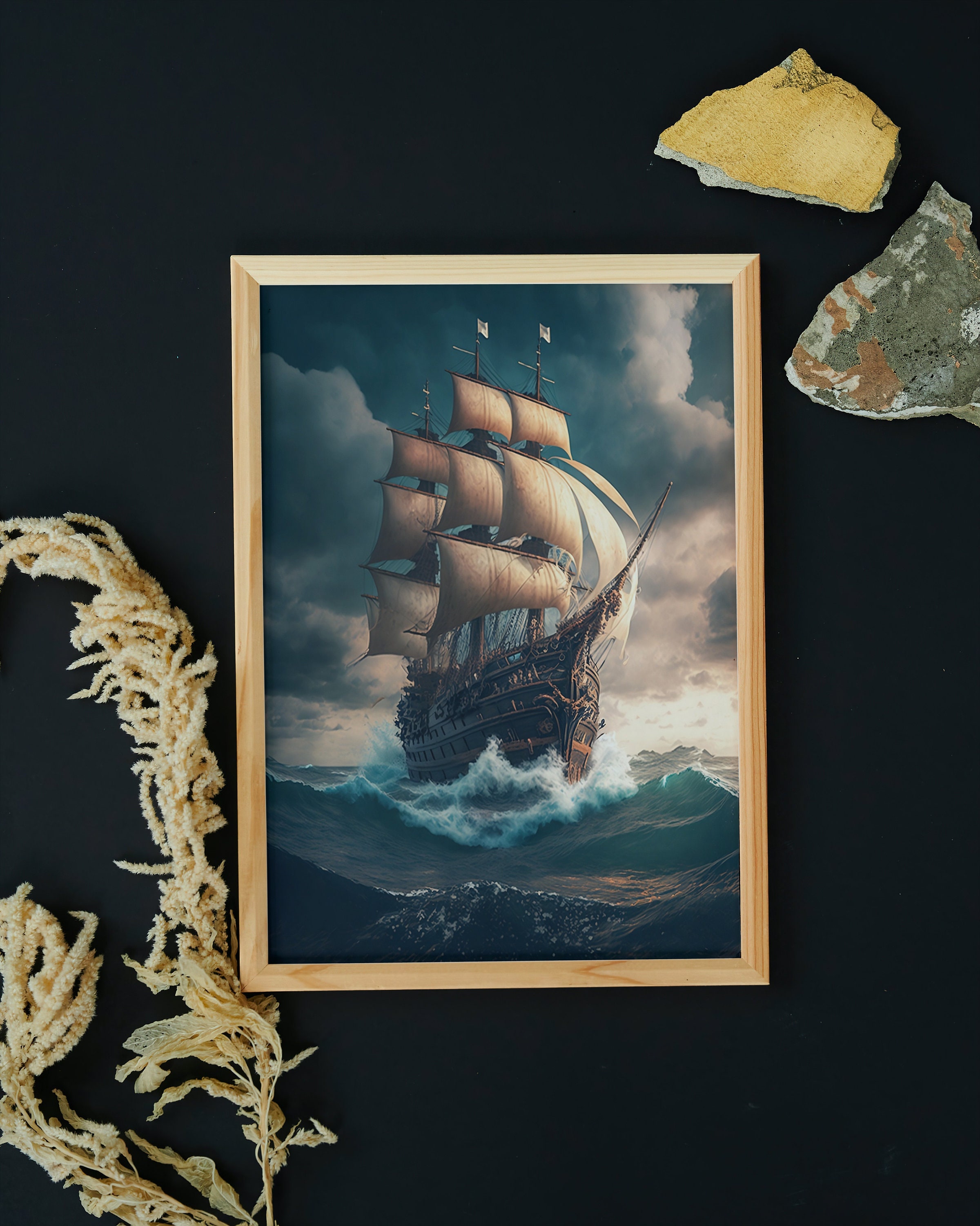 Antique Pirate Ship Painting Nautical Ocean Art With Waves Digital ...