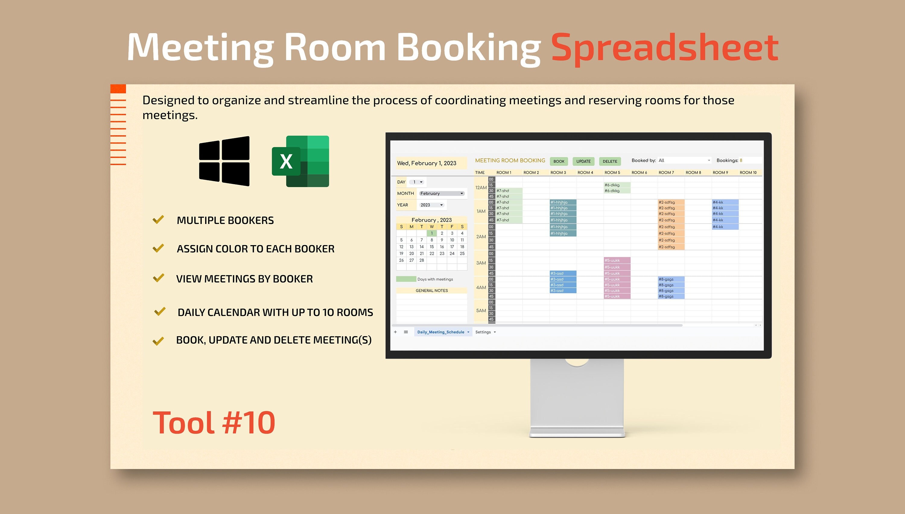 Daily Meeting Room Booking Spreadsheet | Room Booking Excel | Daily Room Booking Template ...
