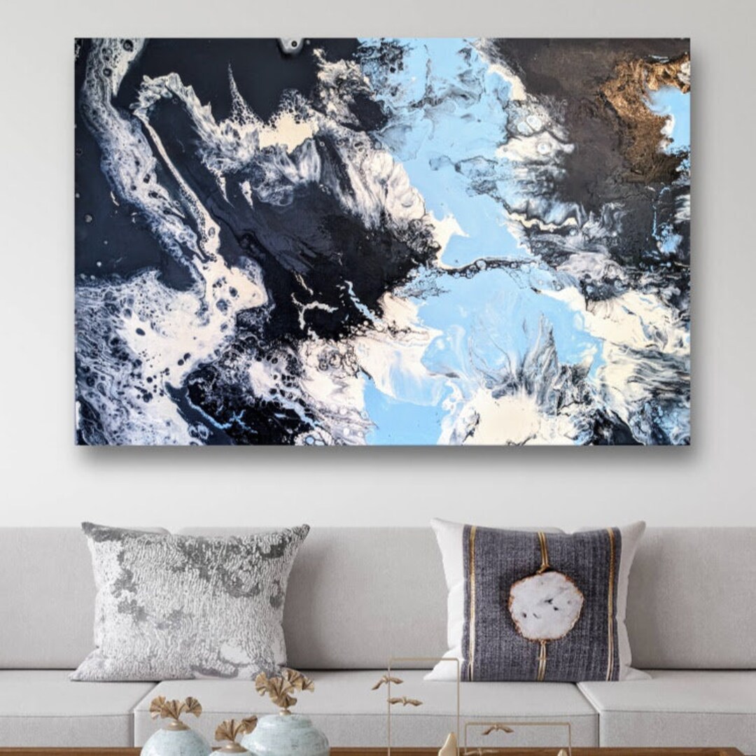 Light Blue Abstract Painting 'enchantment', Modern Art Navy Blue Wall ...
