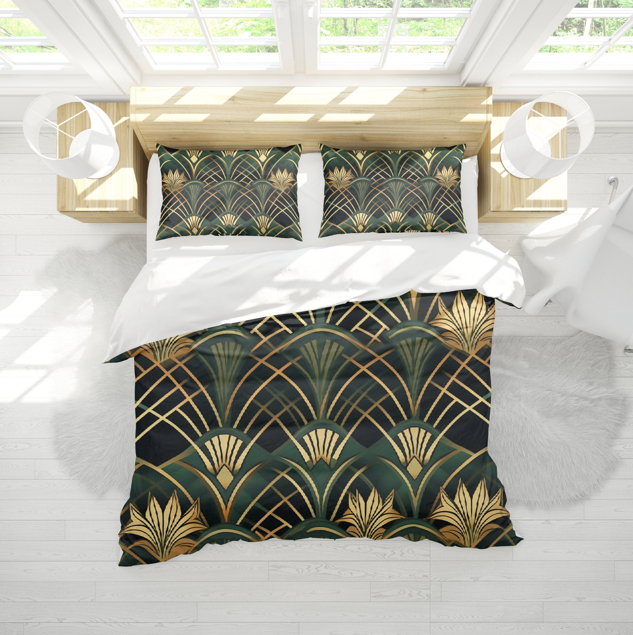 Green Art Deco Comforter, Art Nouveau 1920s Bedspread, Roaring 20's ...