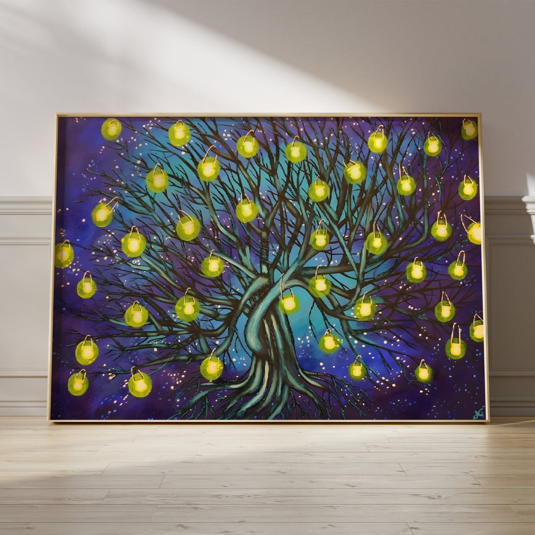 Original Artwork Lantern Tree Print, Trees Lanterns Art Painting, Blue ...