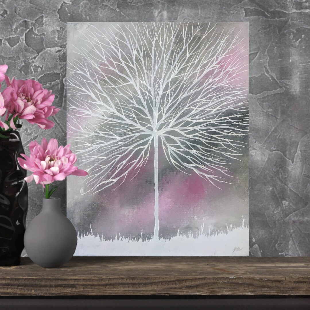 Winter Tree Abstract Painting Pastel Pink Gray, Modern Original Art ...
