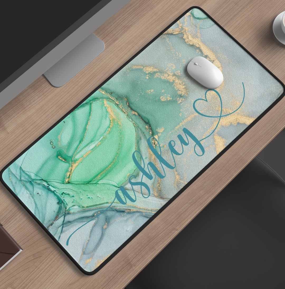 Custom Mint Name Desk Mat, Personalized Alcohol Ink Marble Green Desk ...
