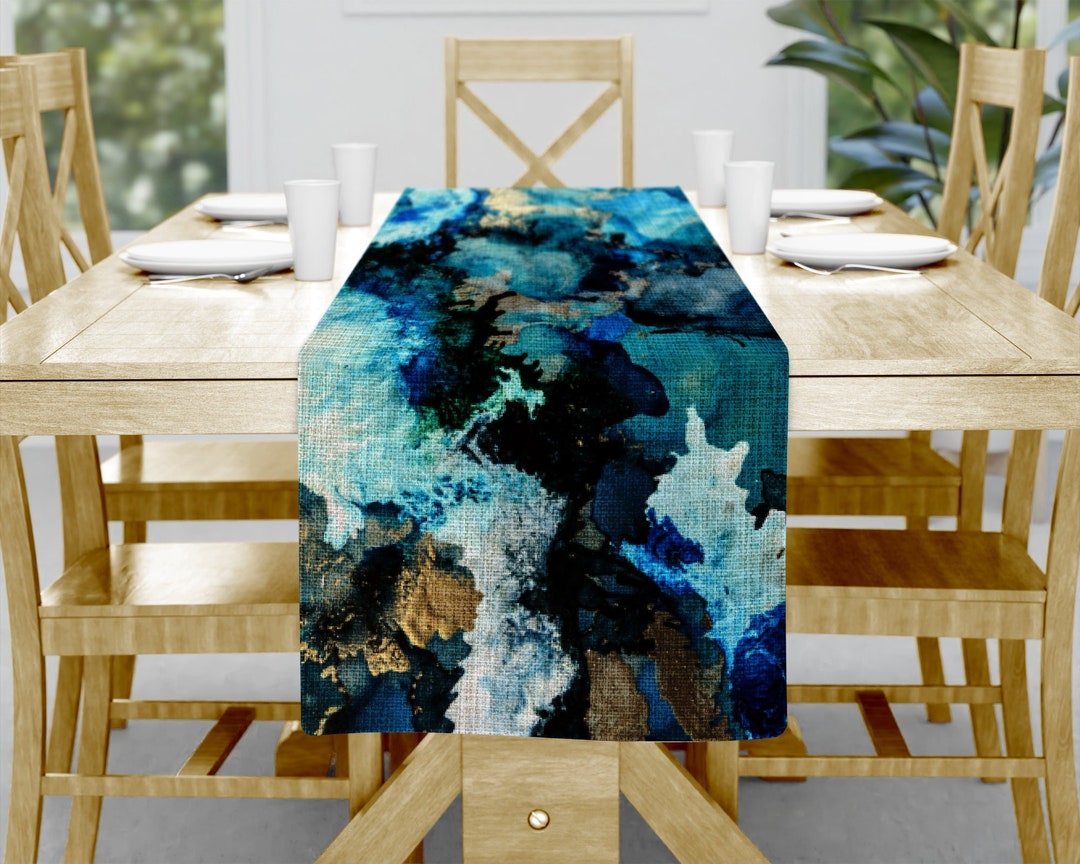 Original Art Blue Marble Table Runner Abstract Eclectic - Etsy