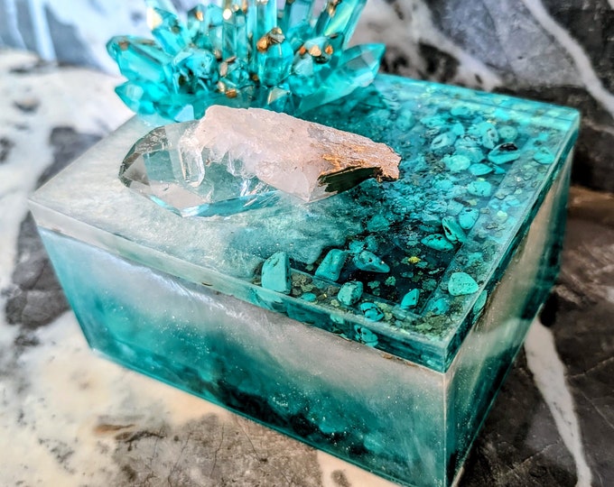 Turquoise Agate Crystal Jewelry Box | Geode Marble Resin Ocean Keepsake ...