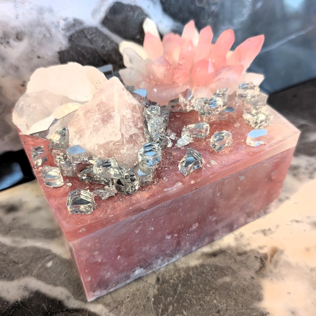 Rose Quartz Crystal Jewelry Box | Geode Marble Resin Pink Silver ...