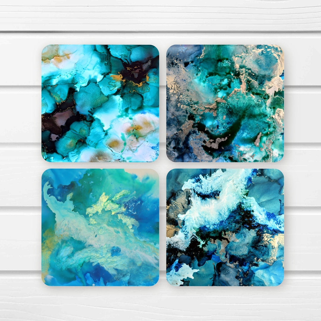 Set of 4 Turquoise Blue Coasters | Abstract Teal Aqua Ocean Original ...
