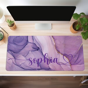 Custom Purple Name Desk Mat, Personalized Alcohol Ink Watercolor Desk ...