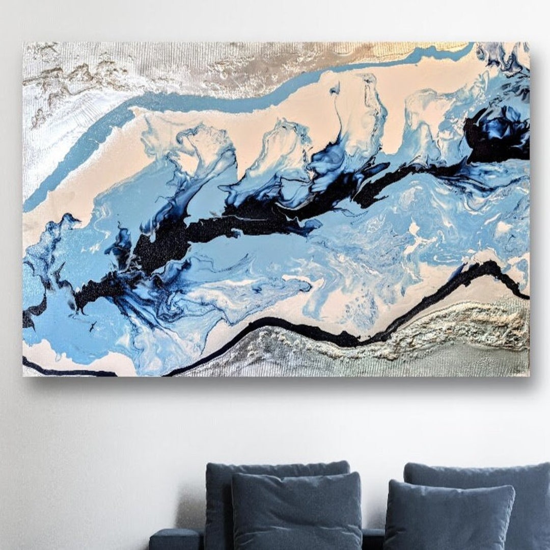 Light Blue Silver Abstract Painting, Modern Art Blue Wall Decor ...