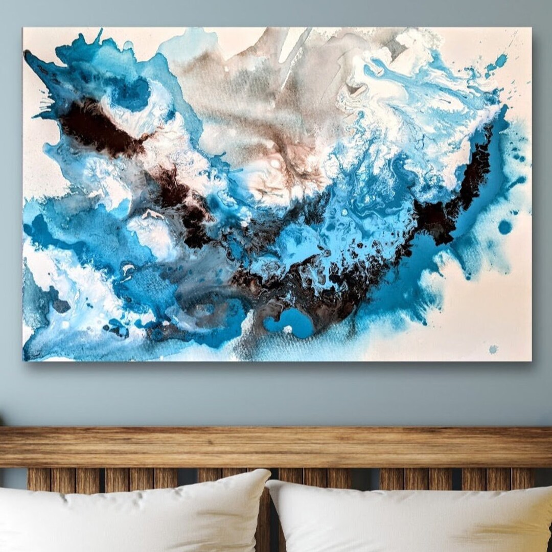 Turquoise Brown Ocean Abstract Painting, Modern Art Blue Wall Decor ...