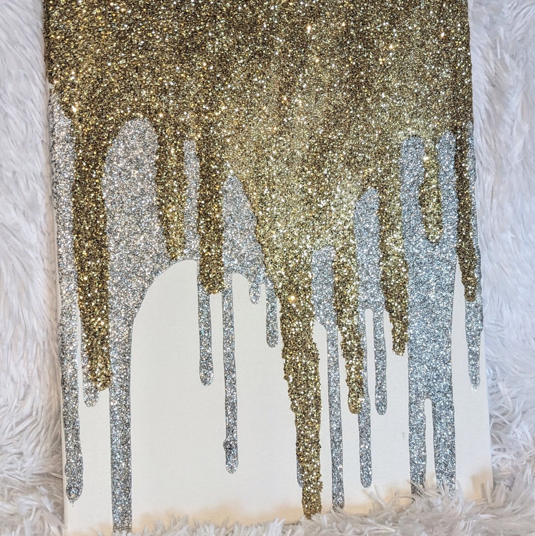 Small Gold & Silver Glam Drips Painting, Glitter Wall Art, Bling Shelf ...