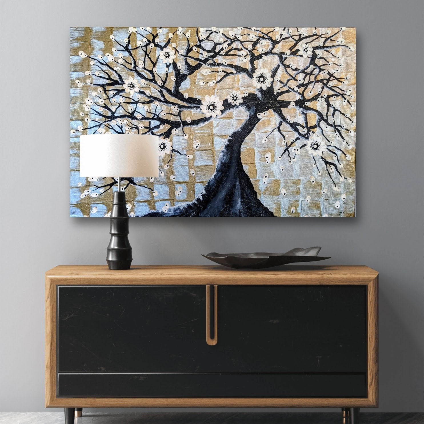 Silver Gold Bonsai Texture Tree Painting, Textured Floral Silhouette ...