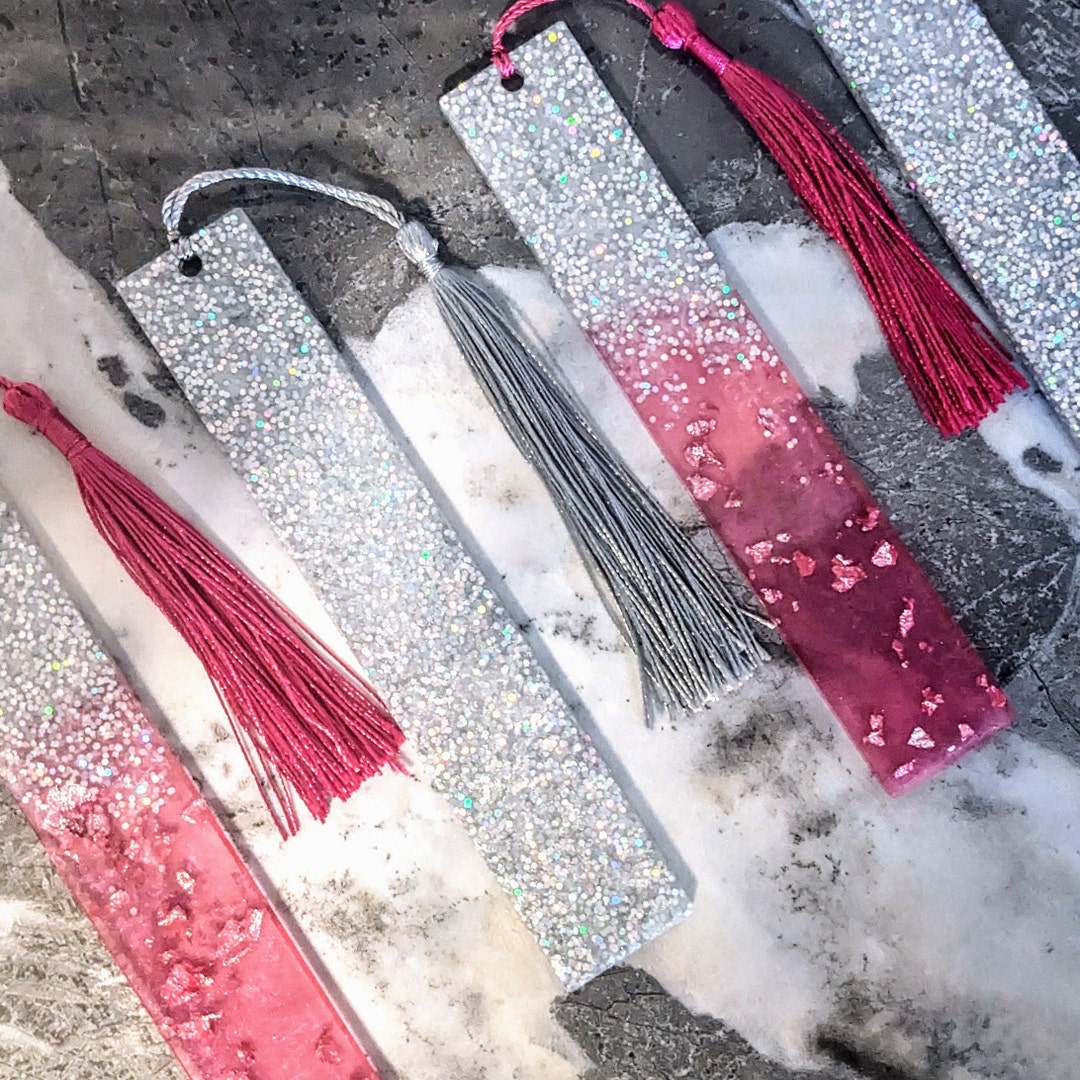 Set 4 Resin Bookmarks, Hot Pink White Silver Leaf Glitter Bling Sparkly ...