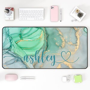 Custom Mint Name Desk Mat, Personalized Alcohol Ink Marble Green Desk ...