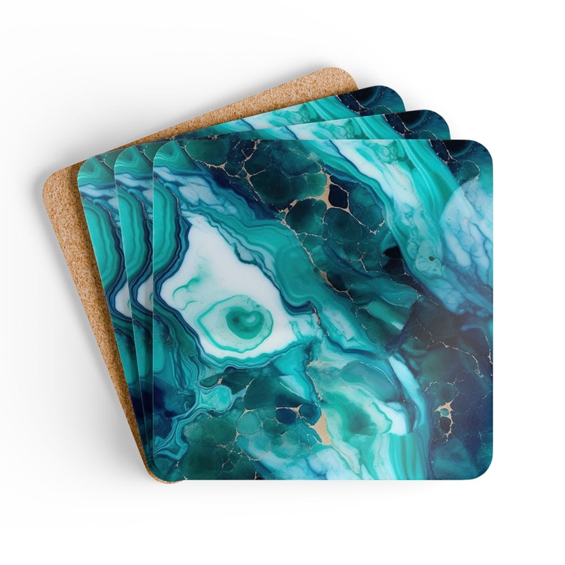Set of 4 Turquoise Marble Coasters | Abstract Teal Marble Design Square ...