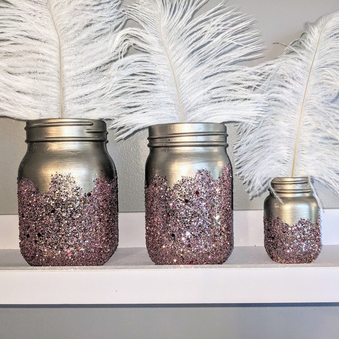 Glitter Mason Jar 3 Set, Bling Centerpiece Jars, Sparkly Glam Makeup ...