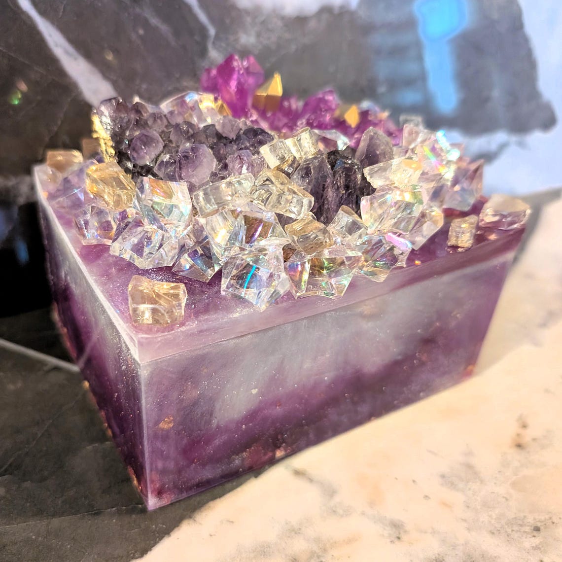 Purple Amethyst Crystal Cluster Jewelry Box | Geode Marble Resin ...
