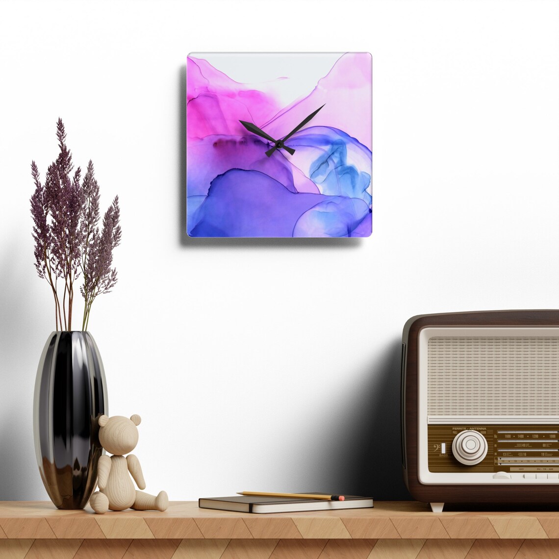 Abstract Modern Art Wall Clock | Acrylic Purple Pink Blue Alcohol Ink ...