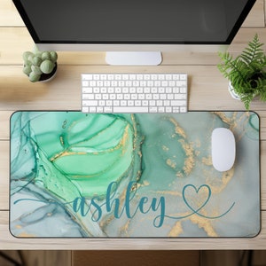 Custom Mint Name Desk Mat, Personalized Alcohol Ink Marble Green Desk ...