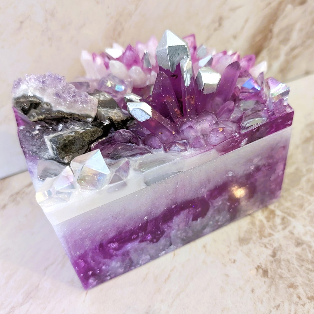 Purple Amethyst Crystal Cluster Jewelry Box | Geode Marble Resin ...